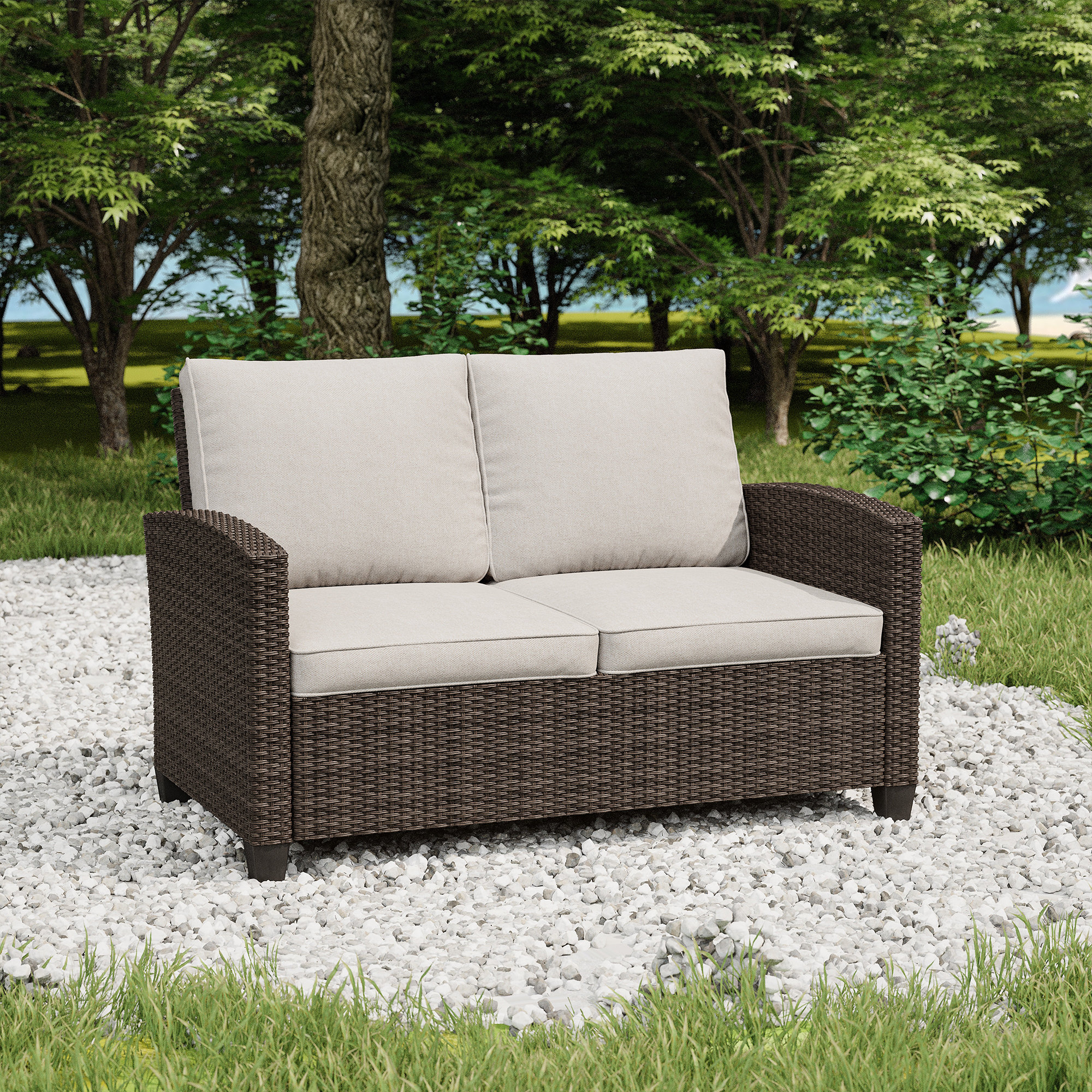 Winston Porter Thavy 49.6" Wicker Outdoor Loveseat with Cushions | Wayfair